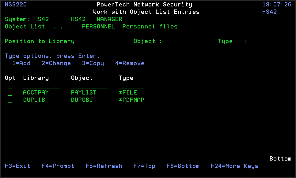 Work with Object List Entries panel