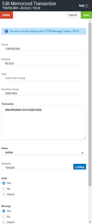 Edit Memorized Transaction screen - Insite web UI
