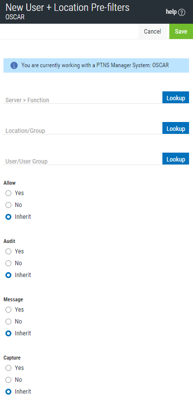 New/Edit Location User Pre-filter Screen - Insite web UI